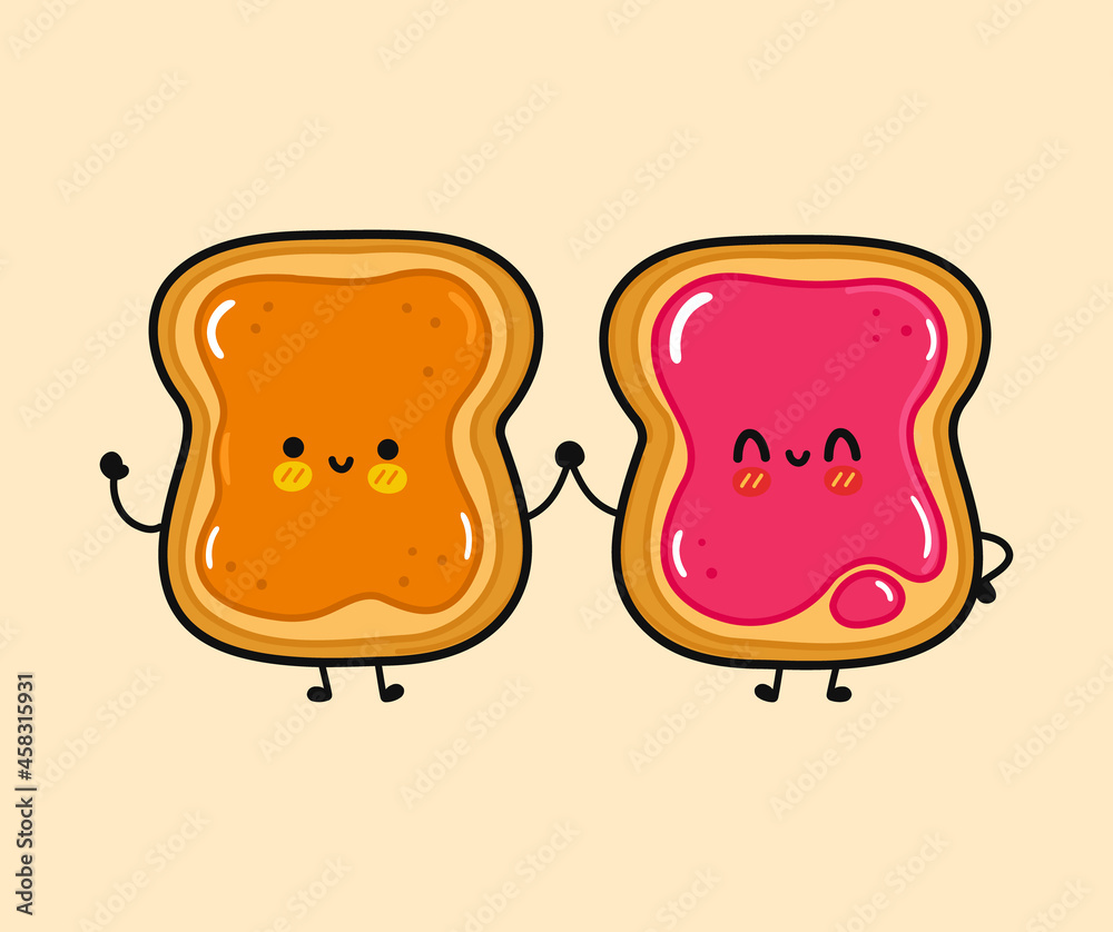 Cute, funny happy toast with peanut and toast with jam character ...