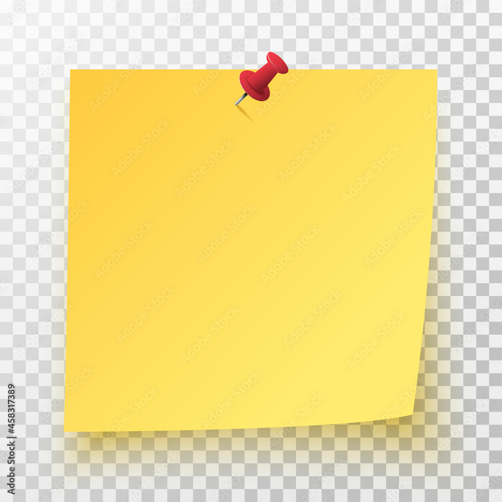 Realistic yellow sticky note with red pin, curl and shadow on ...