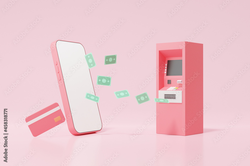 Pink atm machine and smartphone Money payment transfer system online ...