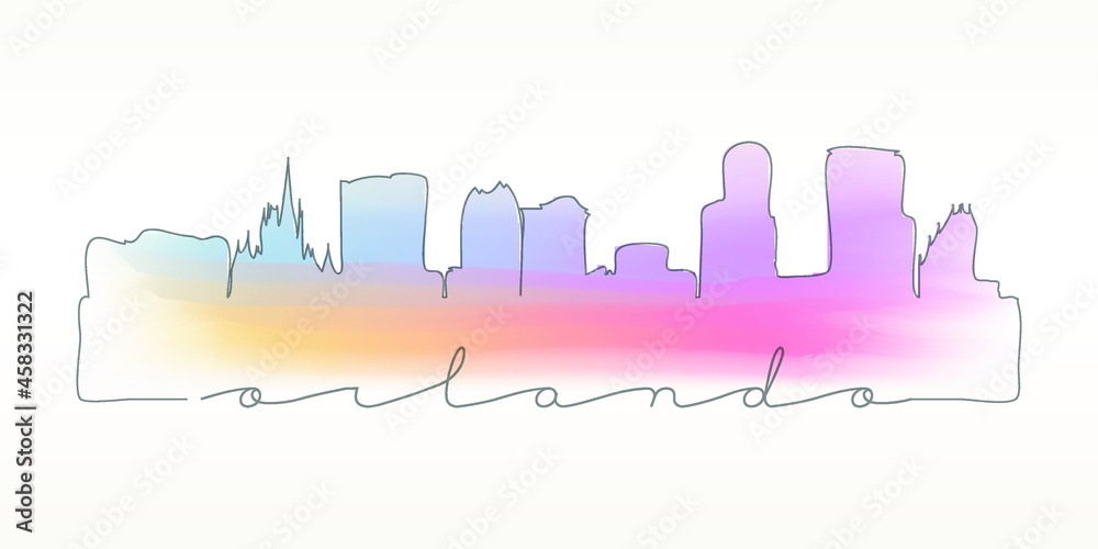 Orlando, FL, USA Skyline Watercolor City Illustration. Famous Buildings ...