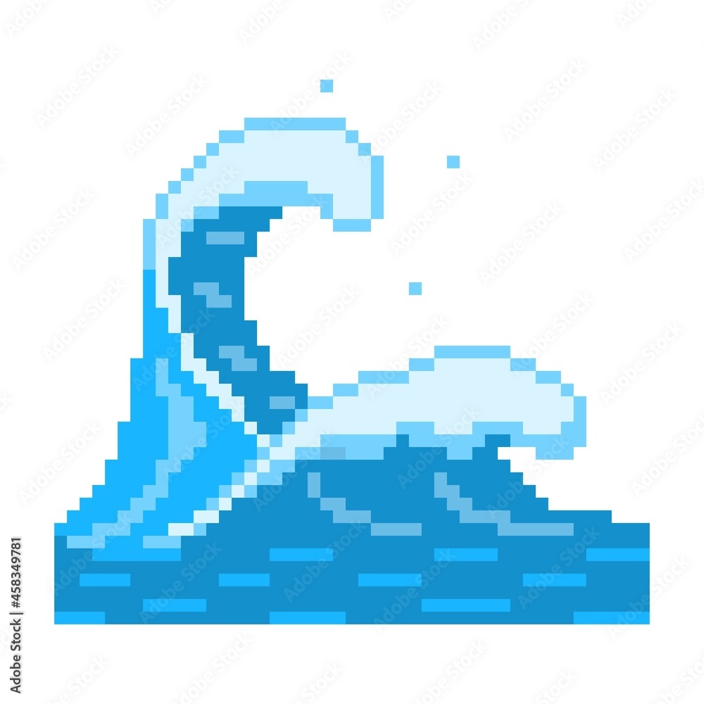 Storm pixel wave. Oceanic tsunami with huge blue ridges and white foam. Powerful tidal current ...