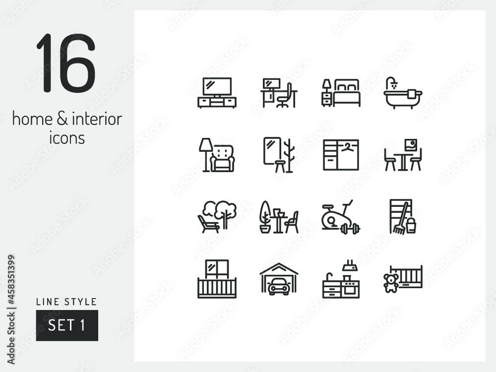 Set 1 of home room types on the white background. Home and interior ...