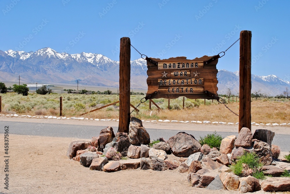 Manzanar National Historic Site, California: Wooden sign at entrance to ...