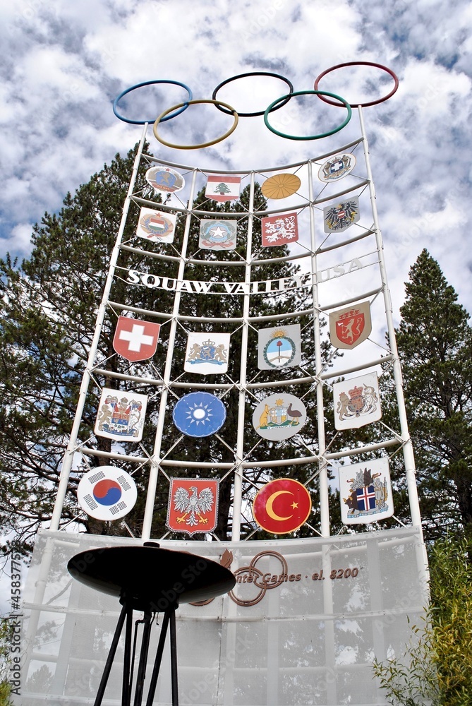 Olympic Valley, California: Olympic flame, international flags, and ...