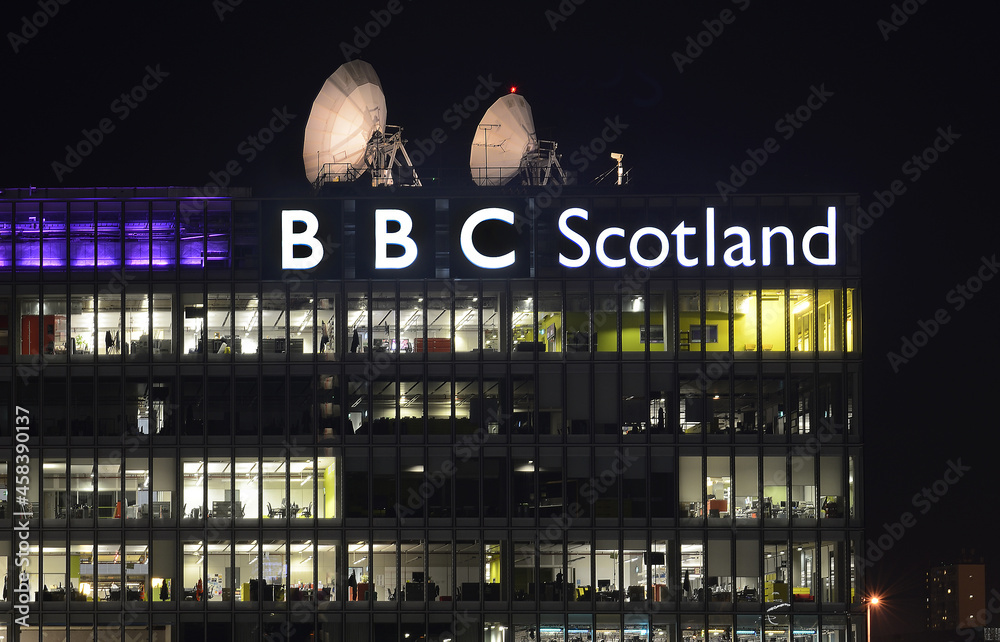 BBC Scotland building on the River Clyde bank, night view, Glasgow ...