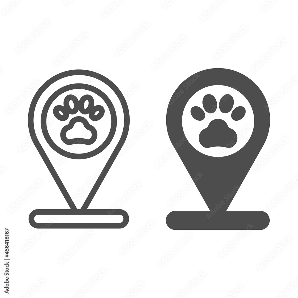 Location pin with pet paw print line and solid icon, pets concept, map ...