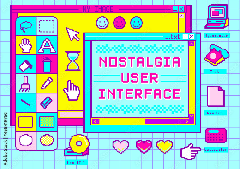 Technology illustration in trendy retrowave style with copy space. Web ...