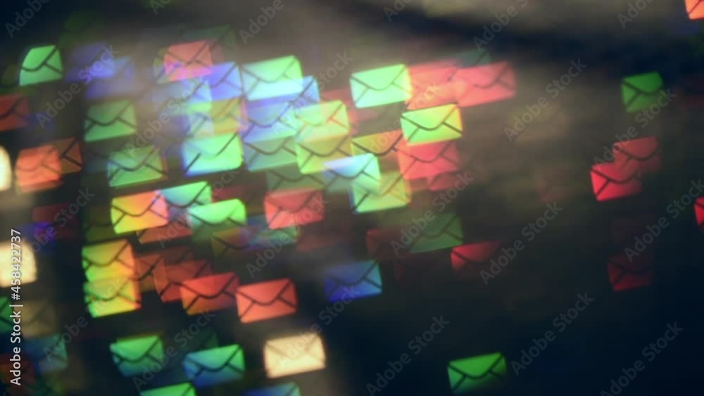 Multiple email envelopes moving against dark background. Envelop-shaped ...