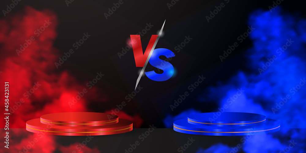 Versus VS sign with blue and red team empty 3d cylinder podiums or ...