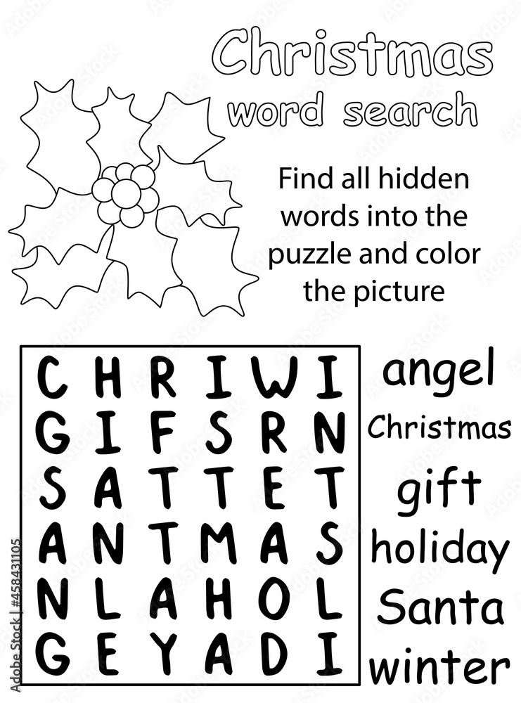 Christmas word search puzzle for kids black and white version with ...