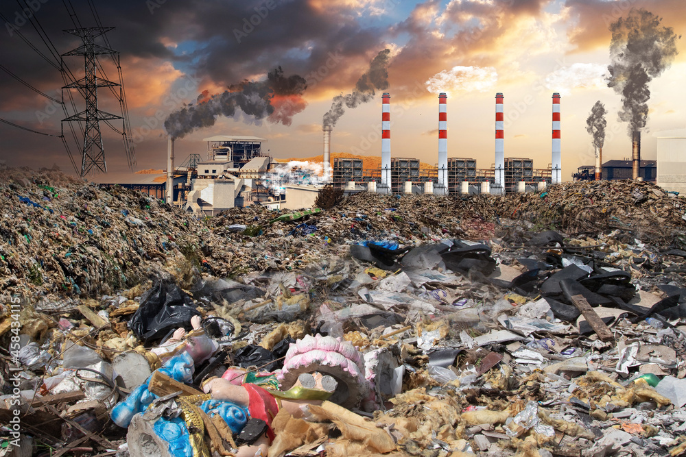 Huge garbage pile landfill and emissions factory with power plant ...