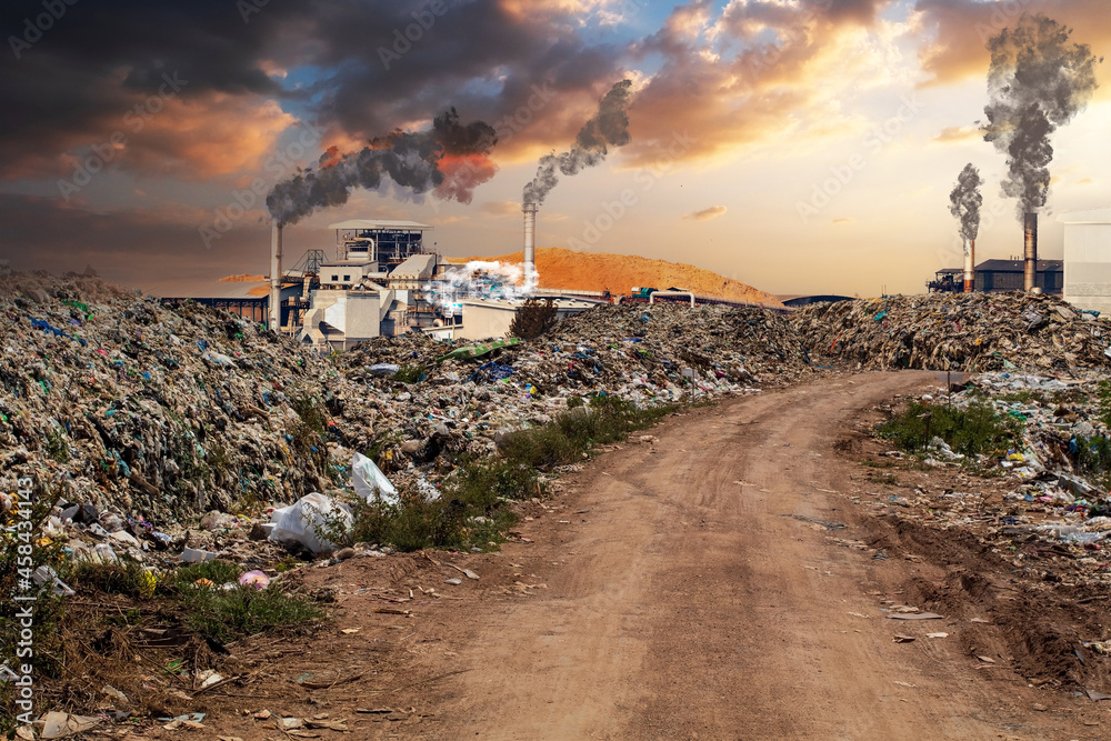 Huge garbage pile landfill and emissions factory, plastic pollution crisis. global warming ...