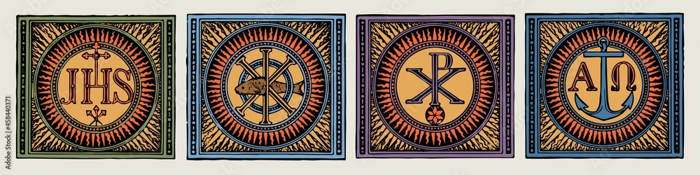 Catholic Symbols vector set of 4, vintage engraving. Catholic symbolism ...