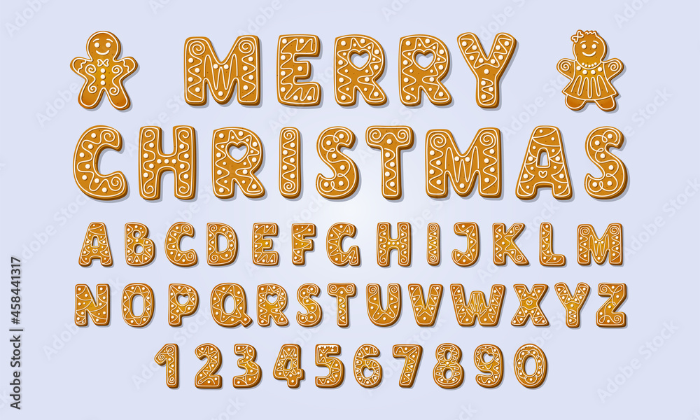 Vetor de Christmas gingerbread alphabet font and numbers. Winter icing ...