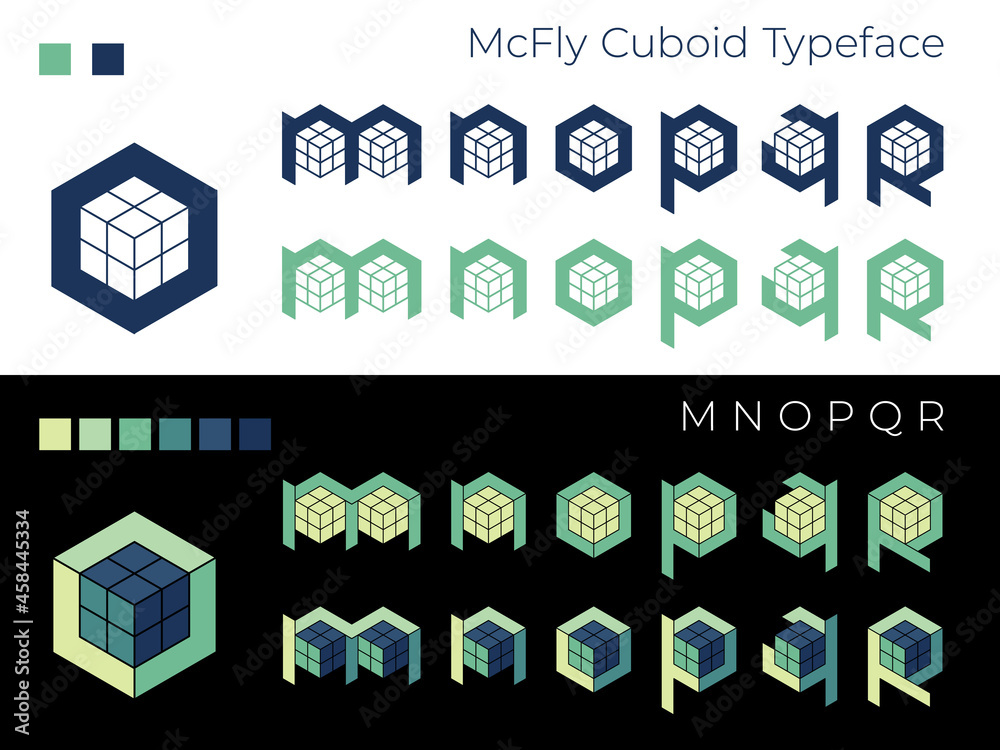 Decorative futuristic pseudo 3D font ‘McFly Cuboid’, letters M, N, O, P ...