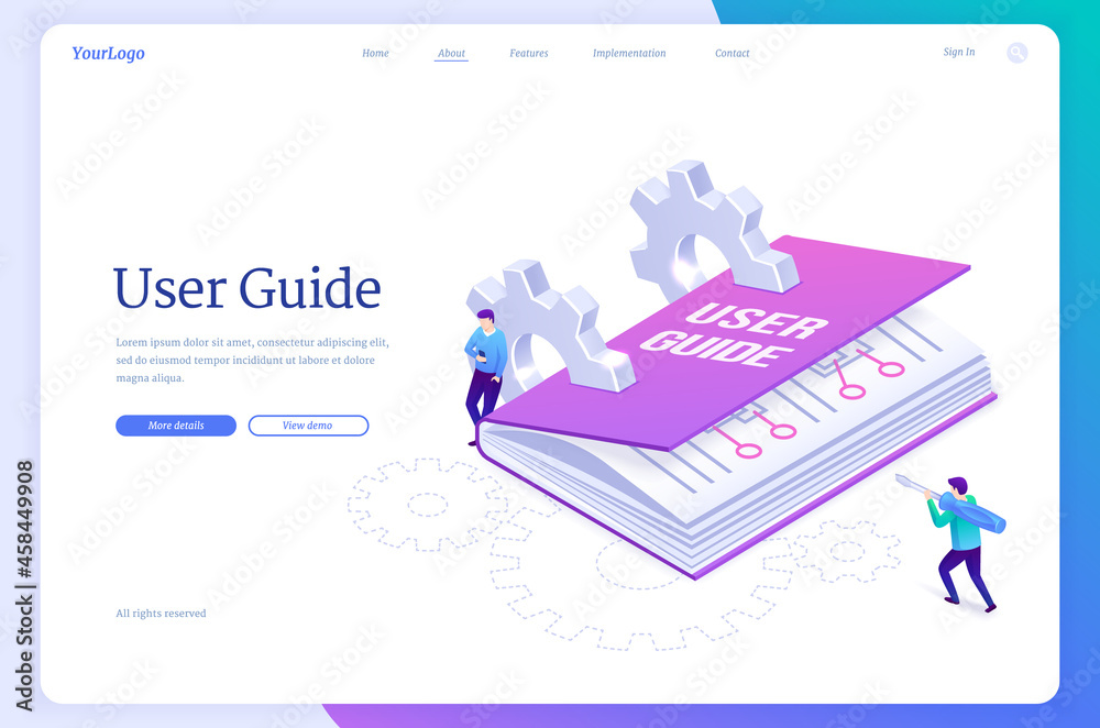 User guide isometric landing page, tiny people at huge manual book ...