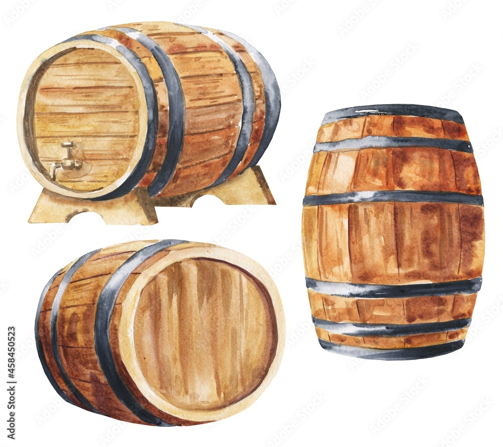 Watercolour wooden barrel set on white background. Watercolor ...