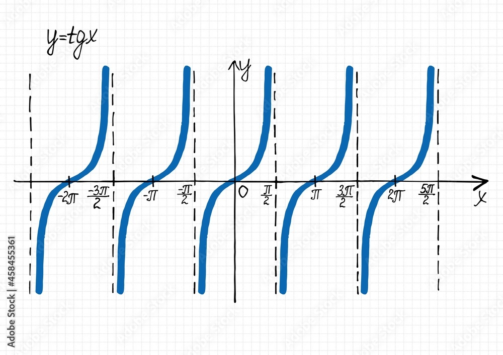 Hand-drawn graph of tangent function. Vector illustration of coordinate system and tg x curve on ...