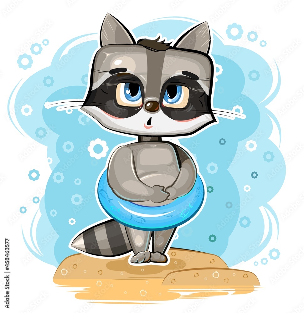 Cute Raccoon got ready to swim in an inflatable ring on beach. Funny ...