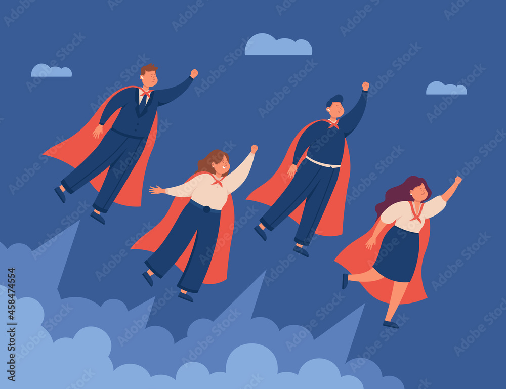 Professional male and female business people flying in capes. Team of ...
