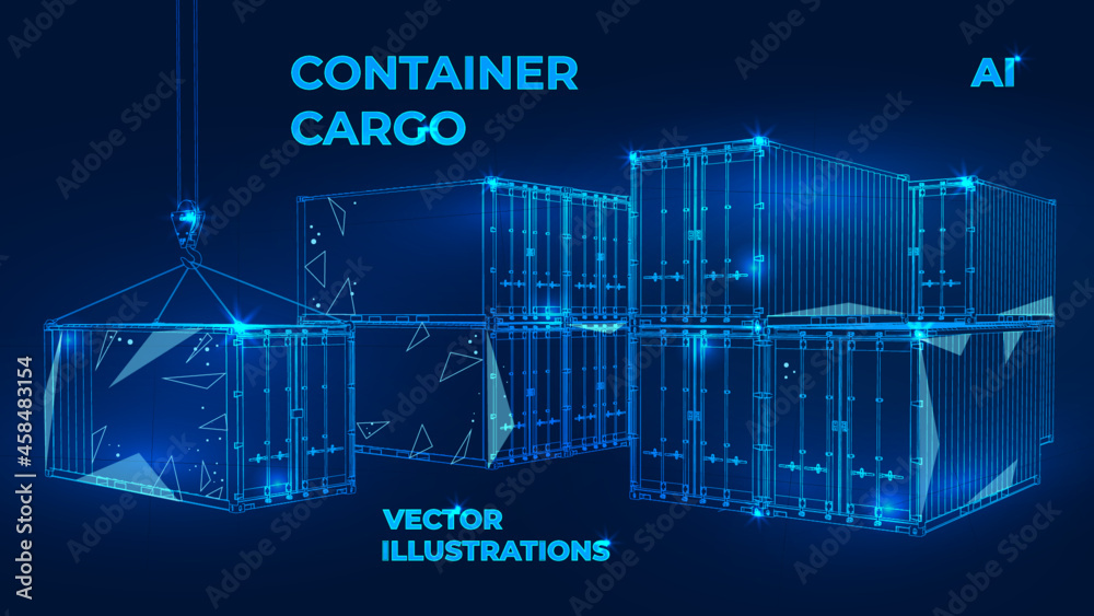 Polygonal 3d cargo container in dark blue background. Online cargo ...