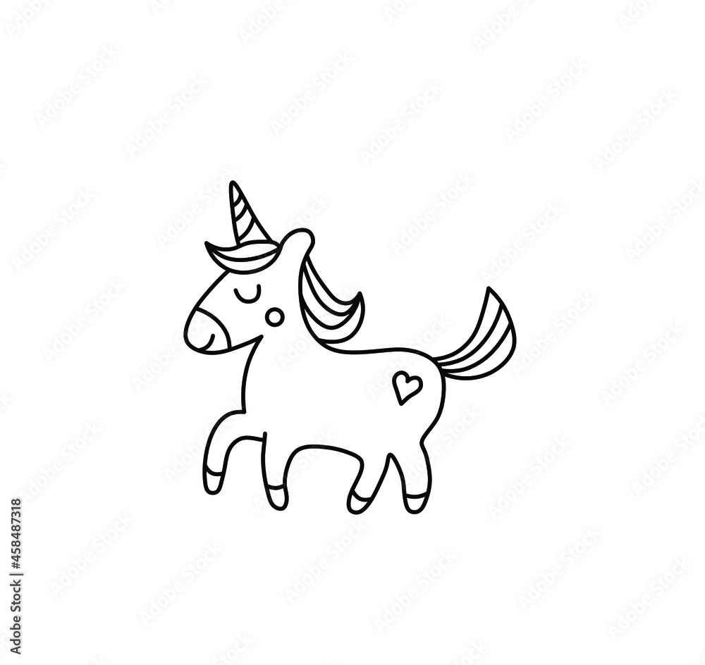 Vector isolated cute cartoon unicorn contour line drawing. Colorless ...