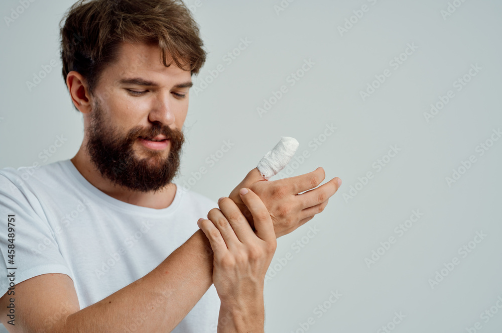 sick man hand injury treatment health problems light background Stock ...