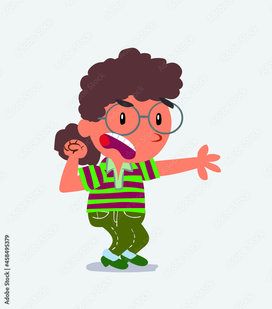 Very angry cartoon character of little girl on jeans pointing at ...
