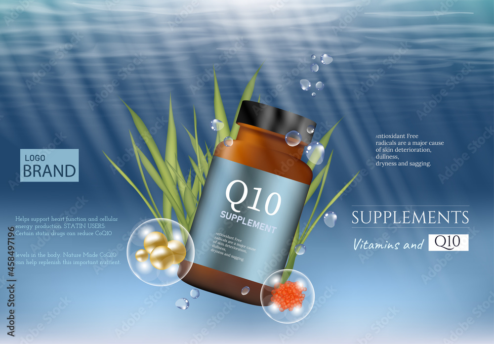 Supplement ads template, Q10 with product package. Deep sea background ...