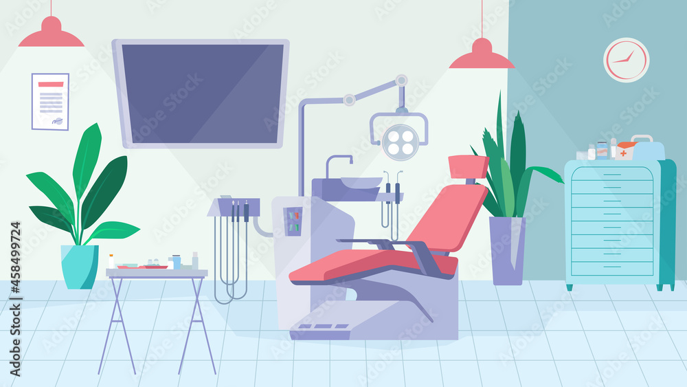 Dentist office interior concept in flat cartoon design. Room with ...