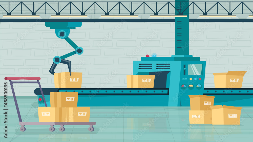 Automated line in warehouse concept in flat cartoon design. Parcels in ...