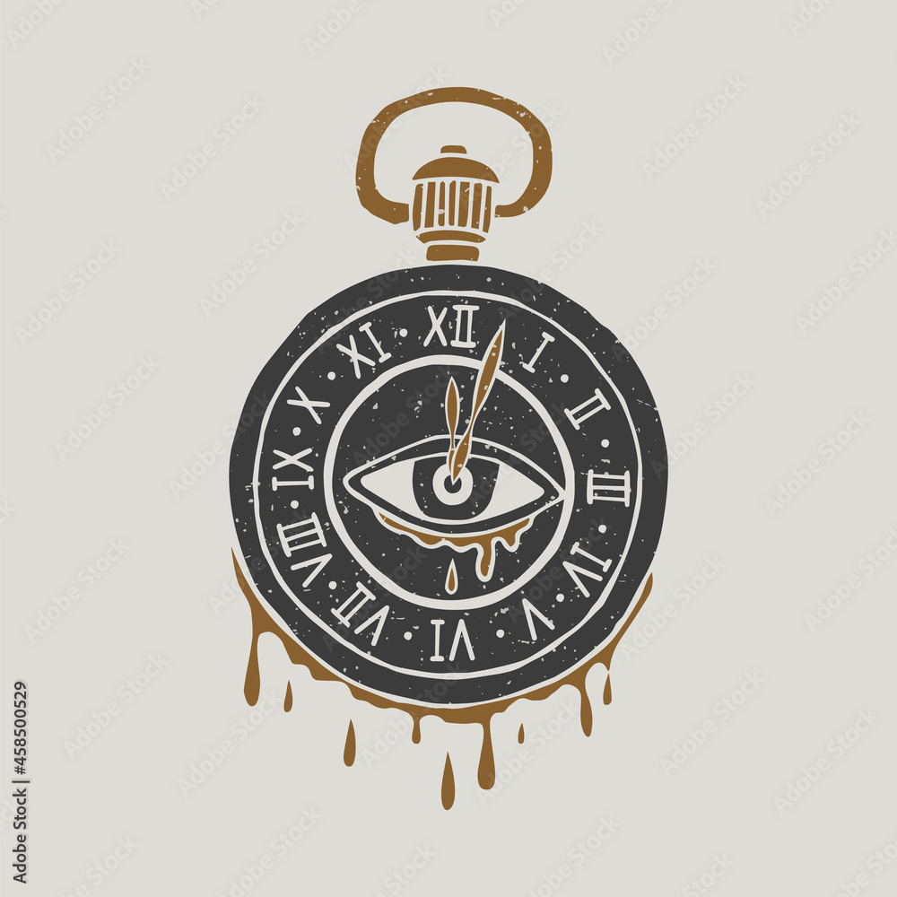 Black and white illustration with vintage ominous pocket watch. Day of ...