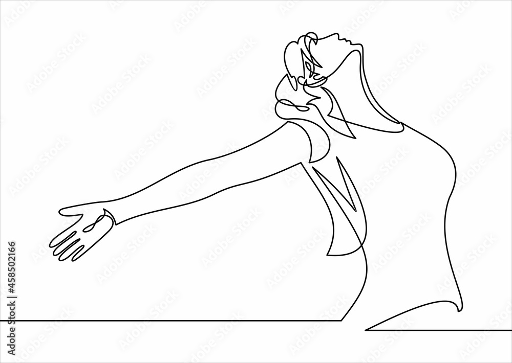 Continuous line art or One Line Drawing of a woman stretching arms is ...