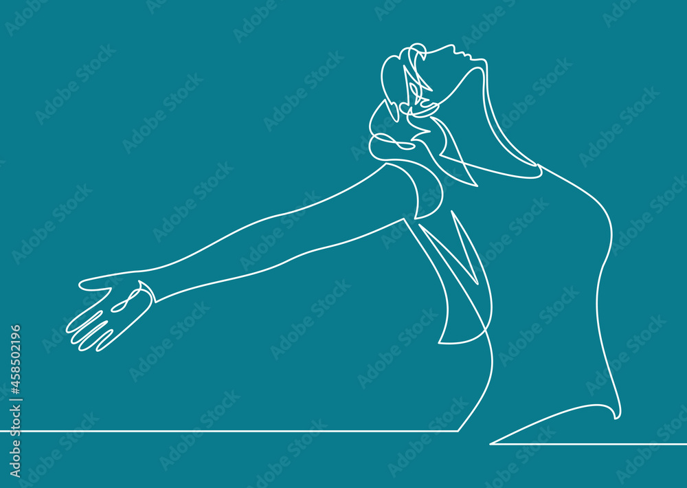 Continuous line art or One Line Drawing of a woman stretching arms is ...