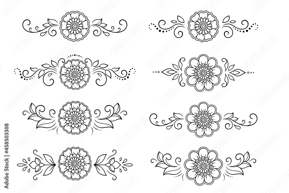 Henna Outline Set Of Lotus Mehndi Flower Pattern And Seamless Border