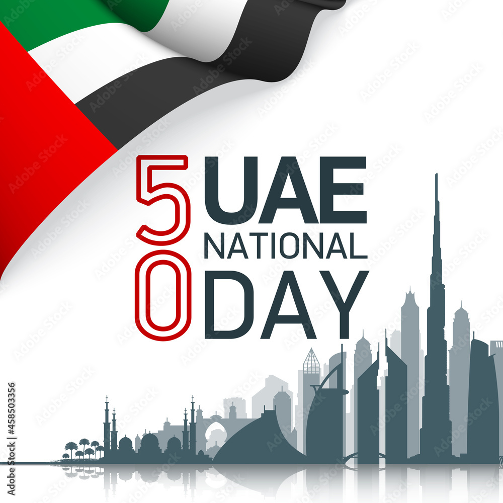 50 UAE National day flat paper style banner with UAE flag. Holiday card ...