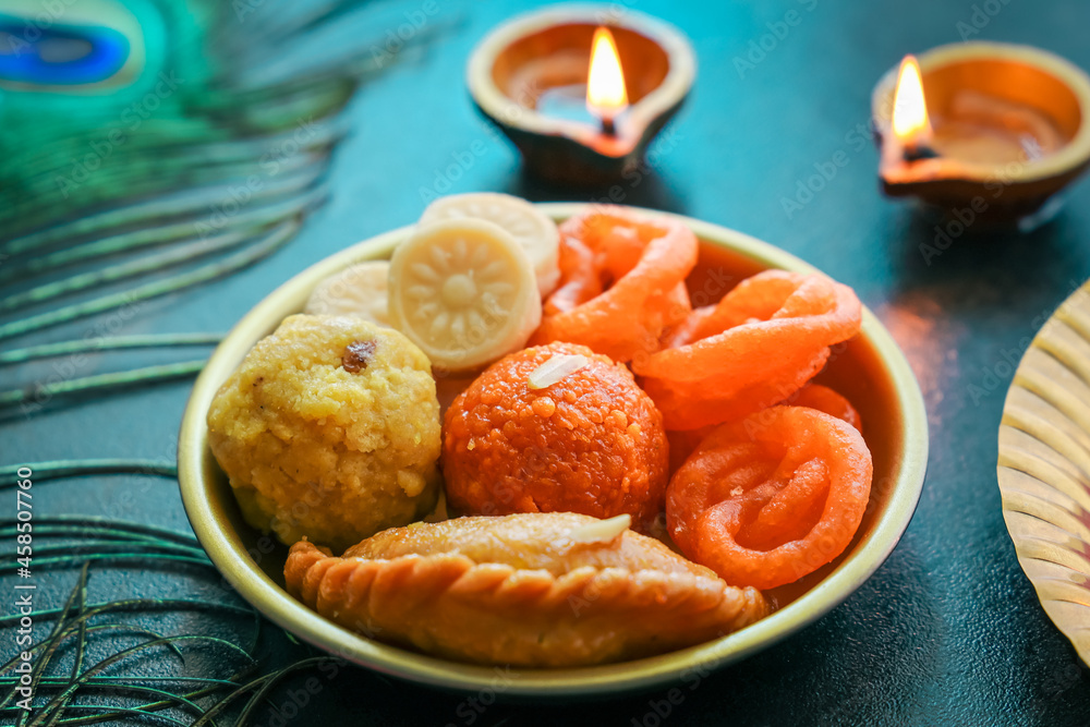 Diwali sweets jalebi Jhangiri Gujiya peda jndian Sweet dessert mithai ...