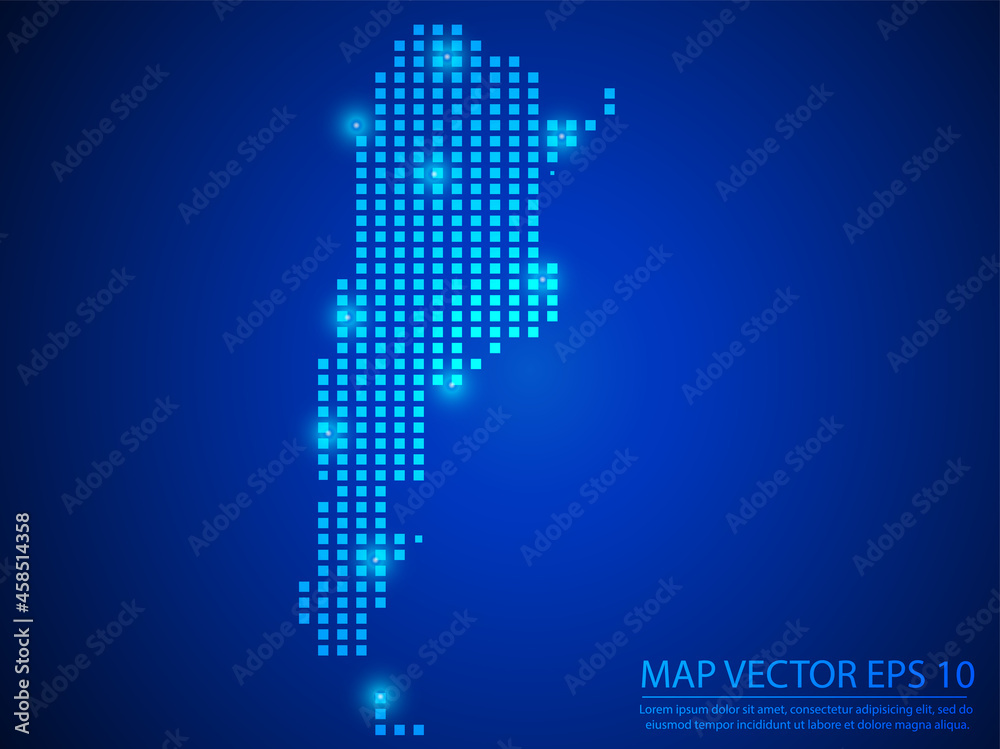 Pixel mosaic glow blue dot map with light on blue background of map of ...