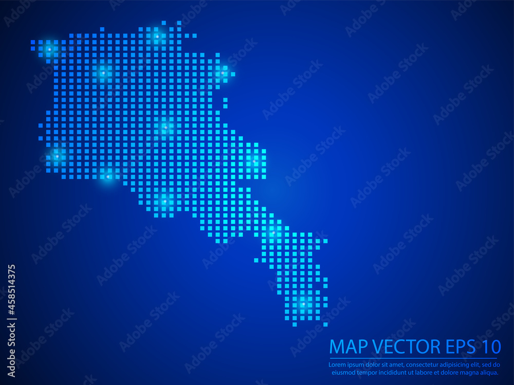 Pixel mosaic glow blue dot map with light on blue background of map of ...