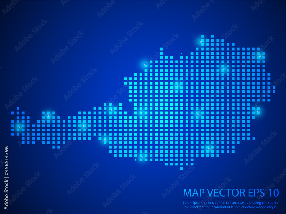 Pixel mosaic glow blue dot map with light on blue background of map of ...