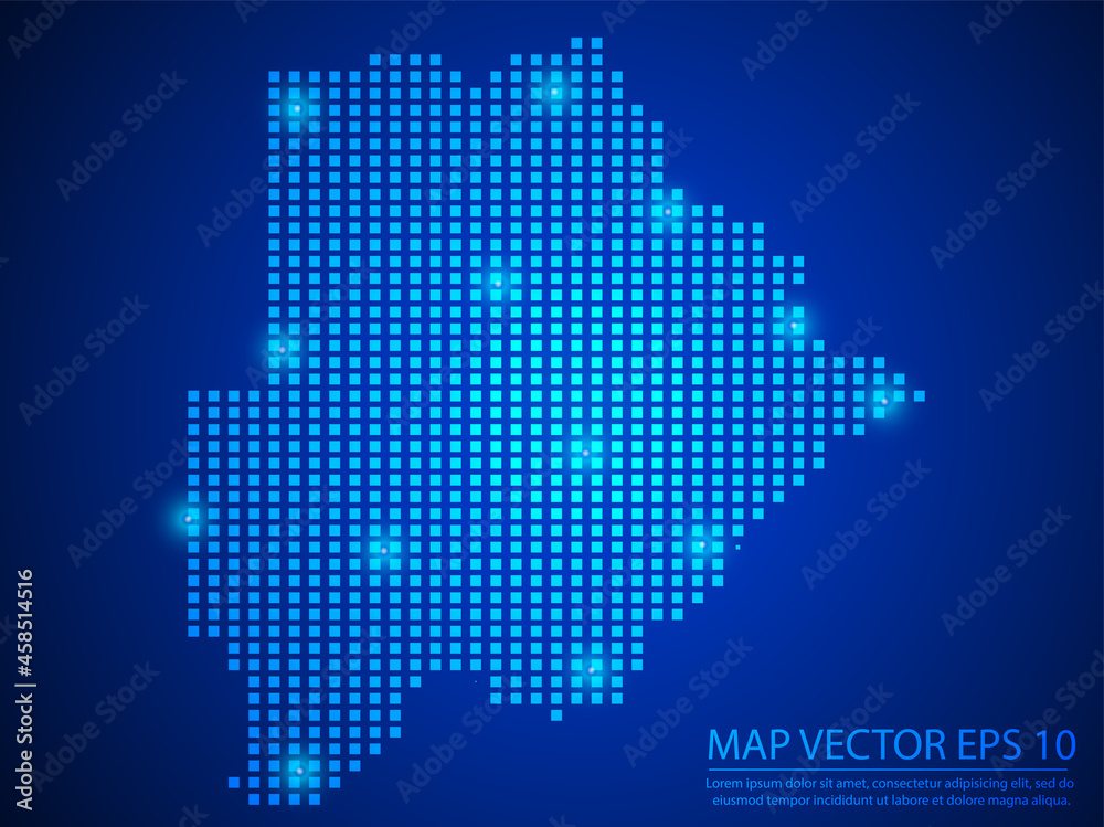 Pixel mosaic glow blue dot map with light on blue background of map of ...