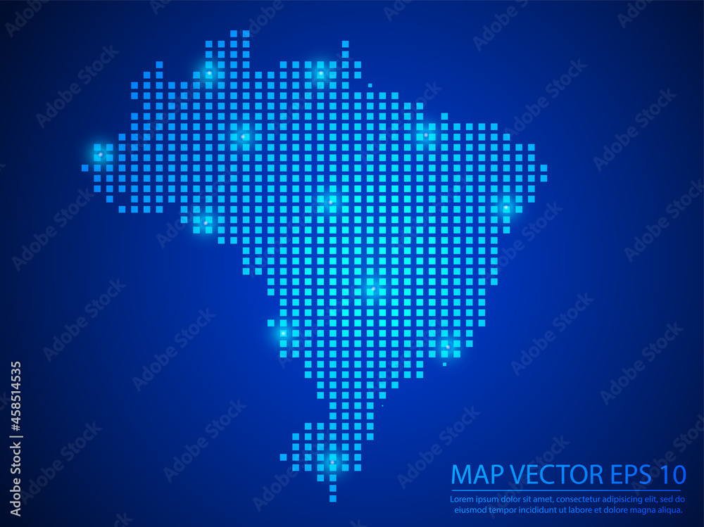Pixel mosaic glow blue dot map with light on blue background of map of ...