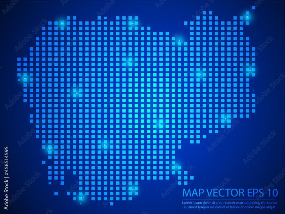 Pixel mosaic glow blue dot map with light on blue background of map of ...