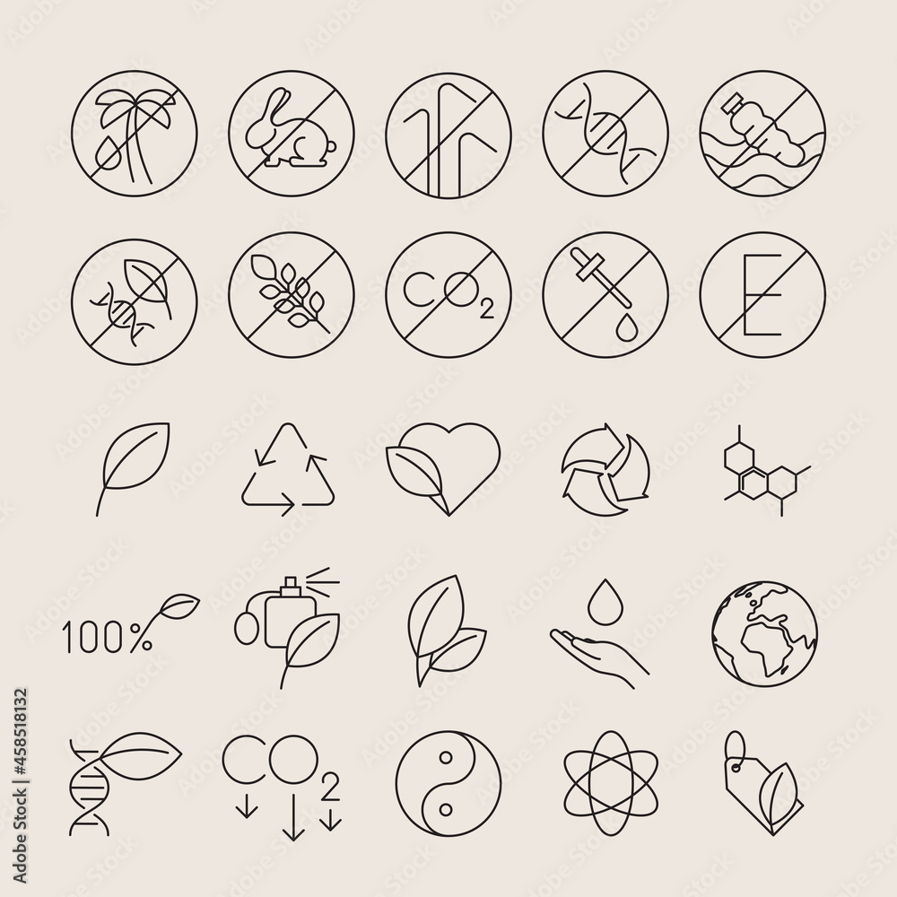 Climate and sustainable icon set. Emission reduction, no palm oil ...