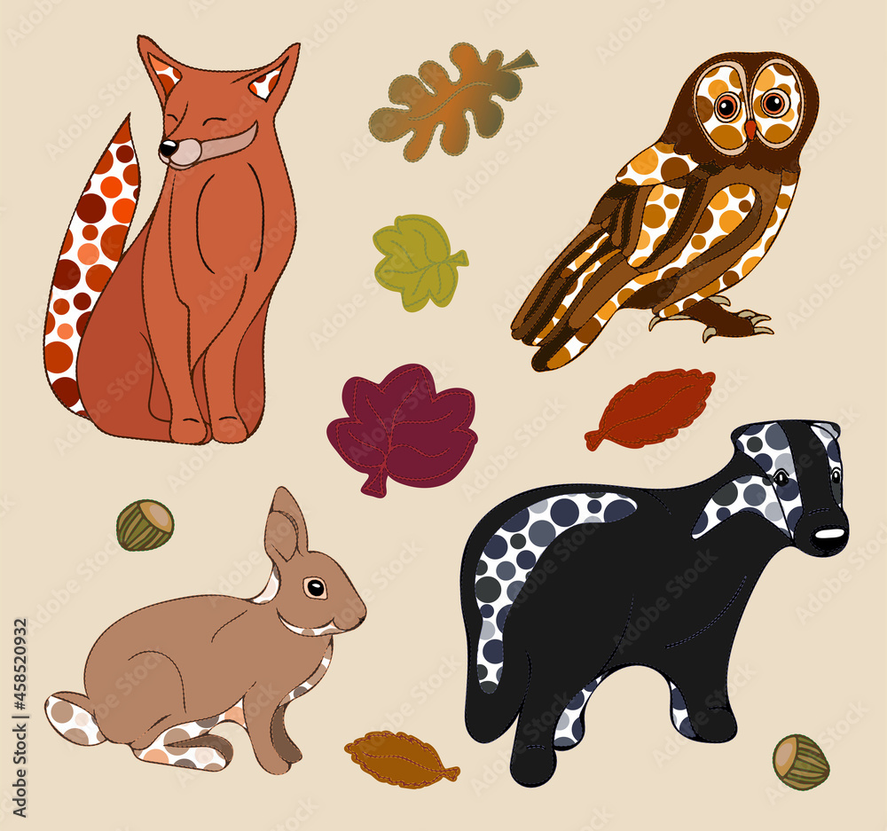 Autumn patchwork animals and leaves. Cute rabbit, badger, fox and owl ...
