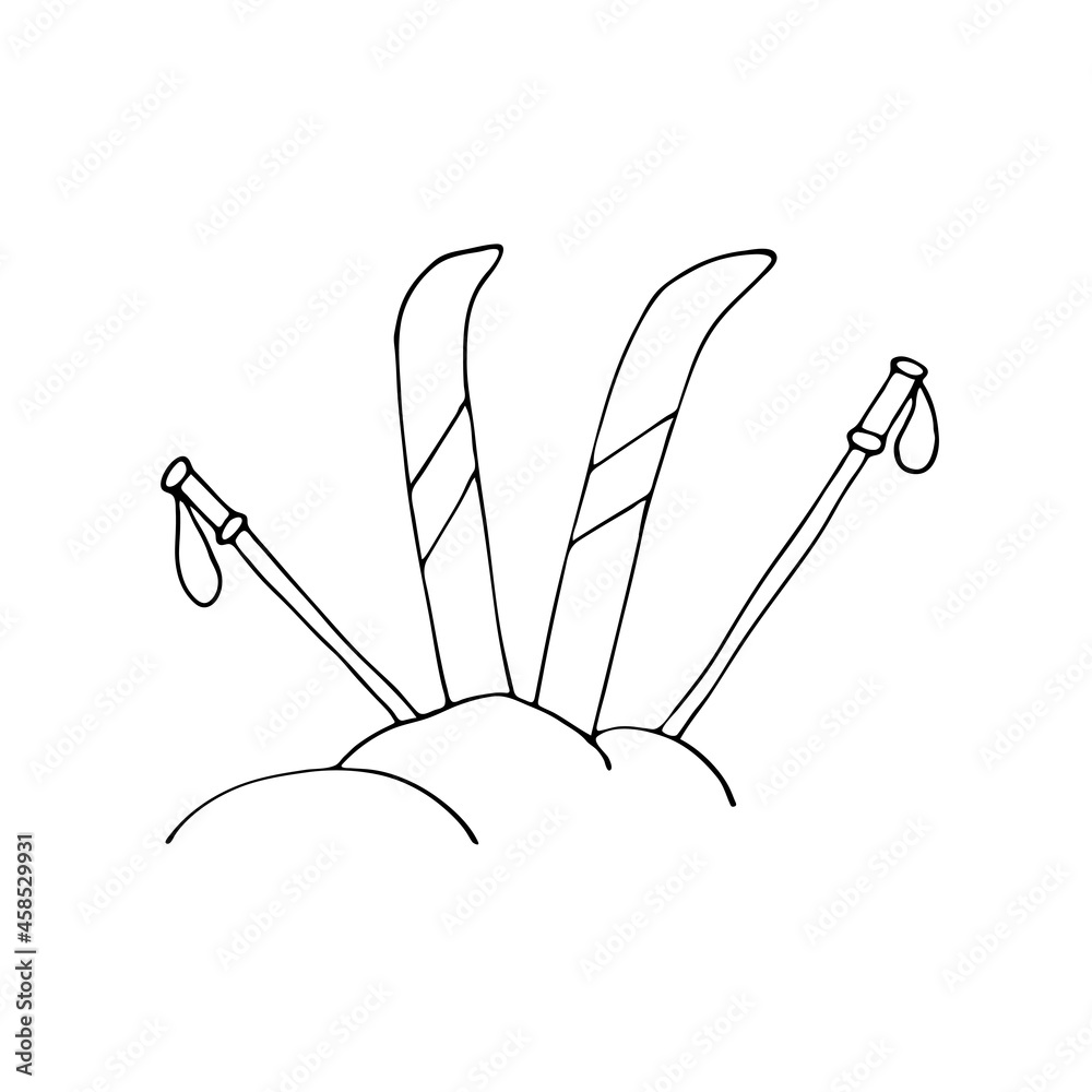 Vector illustration of a cartoon sketch of skis and ski poles. Ski ...