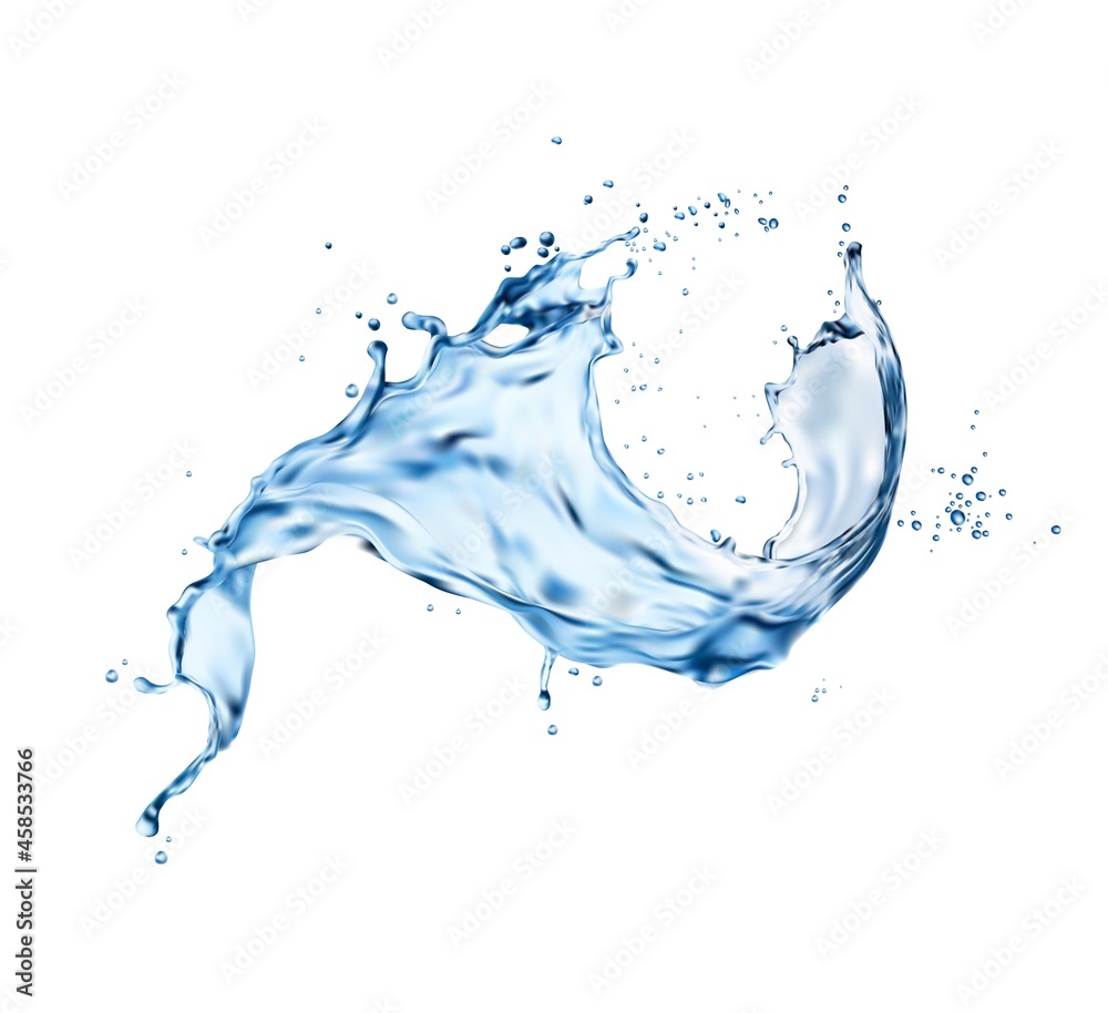 Liquid water splash, wave swirl with drops. Vector splashing aqua ...