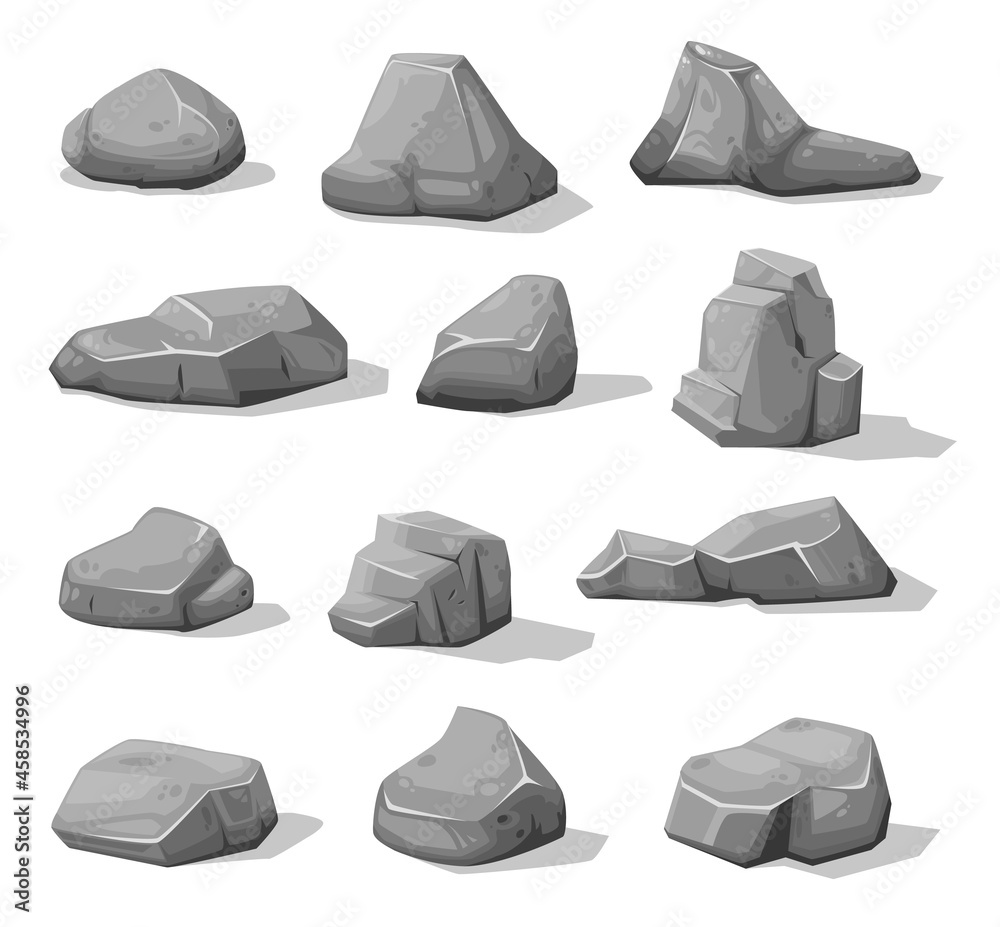 Cartoon rock stones and boulders. Grey rubble, gravel or cobble ...