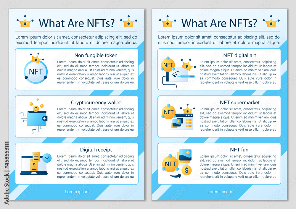 NFT brochures icons.Digital art. Non fungible token template.Flyers ...