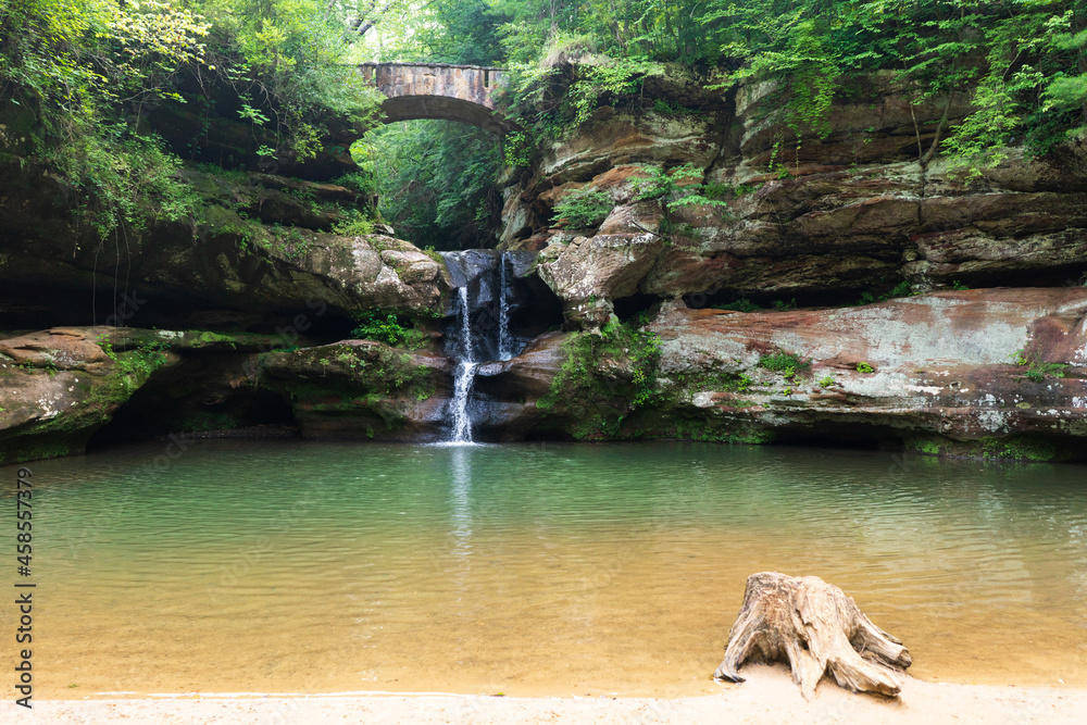 Flowing waterfall in the forest at Hocking Hills State Park in Ohio ...
